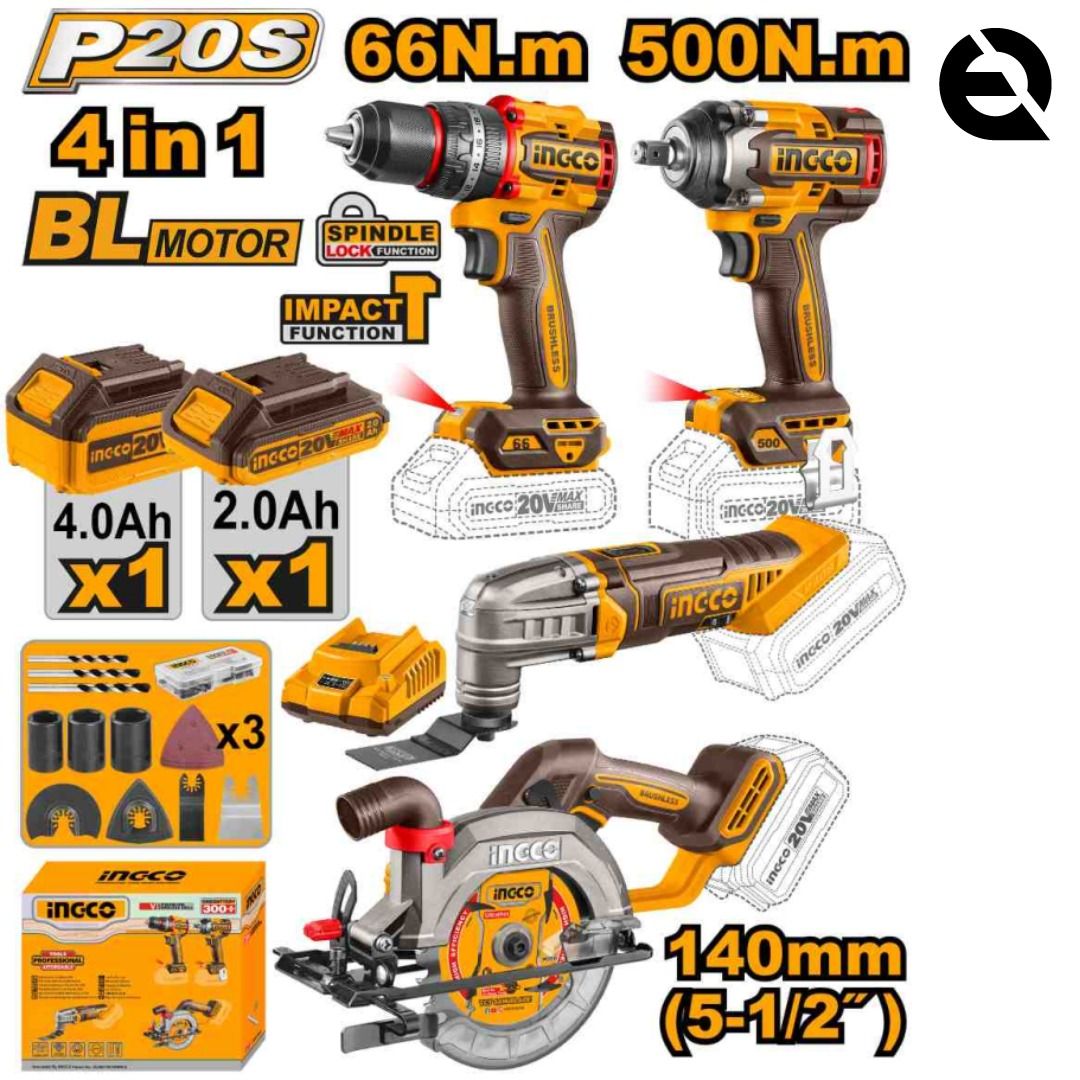 INGCO COSLI241169 20V 4 Pcs Combo Kit Brushless Drill / Impact Wrench ...