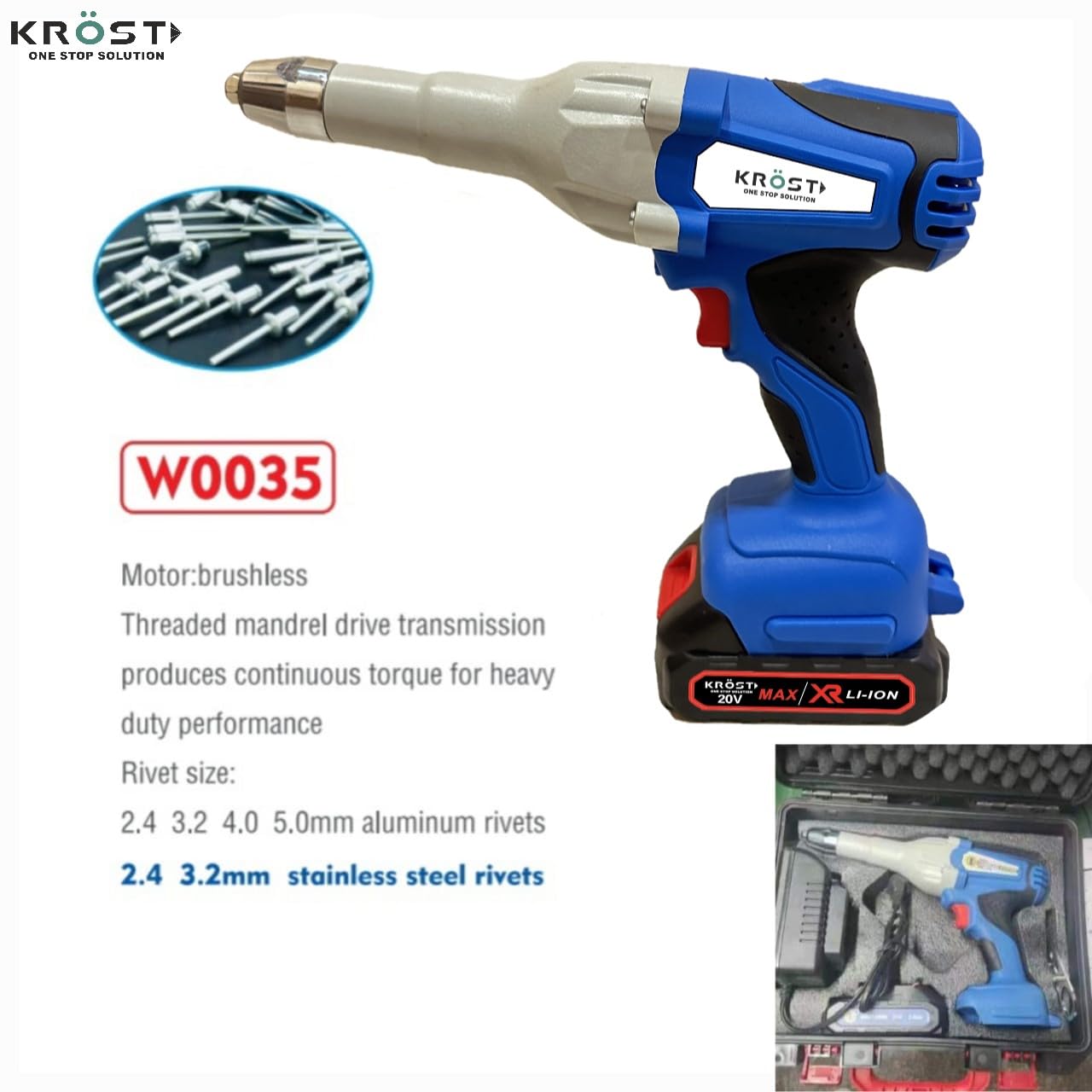 KROST Cordless Rivet Gun, Brushless Portable 20V Lithium-ion Automatic ...