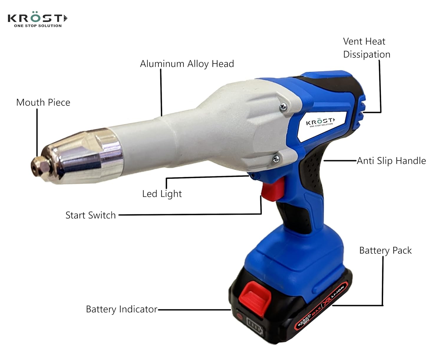 KROST Cordless Rivet Gun, Brushless Portable 20V Lithium-ion Automatic ...