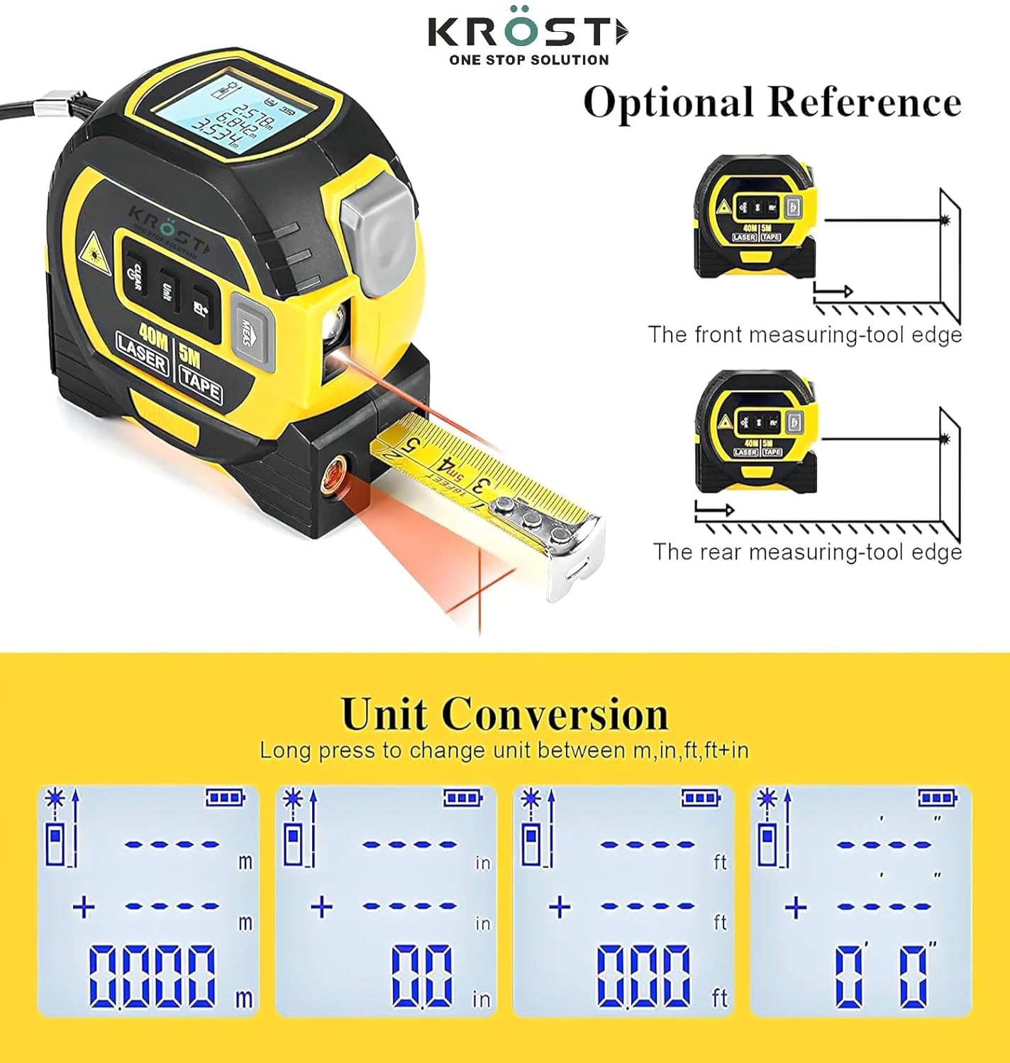 KROST 3 in 1 Digital Tape Measure, Laser Line Level Infrared Distance Meter Device, Auto ...