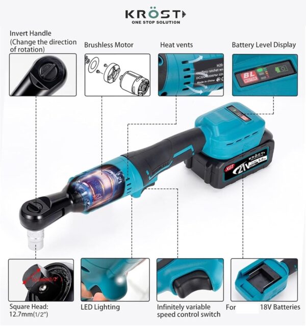 KROST PRO Series 80N.m Cordless Ratchet Wrench Set, 3/8" 300RPM 21V ...