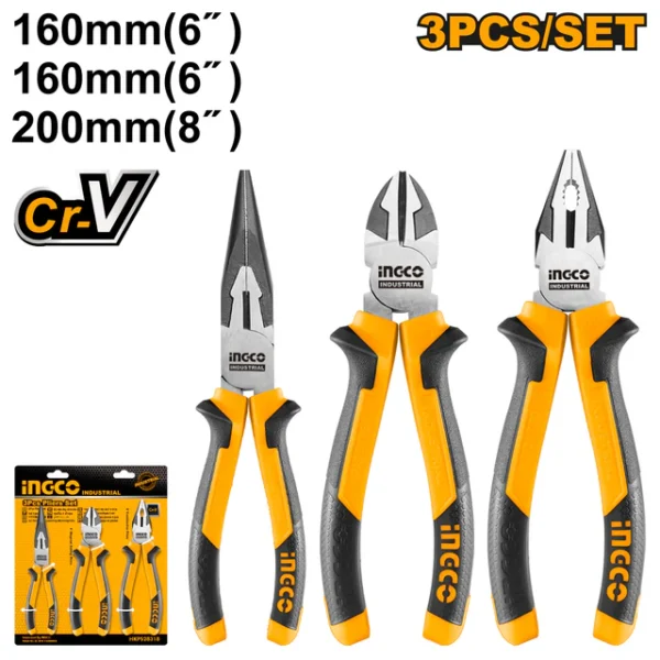 Ingco HKPS28318 8" Combination Plier, 6" Long Nose Plier & 6" Diagonal ...